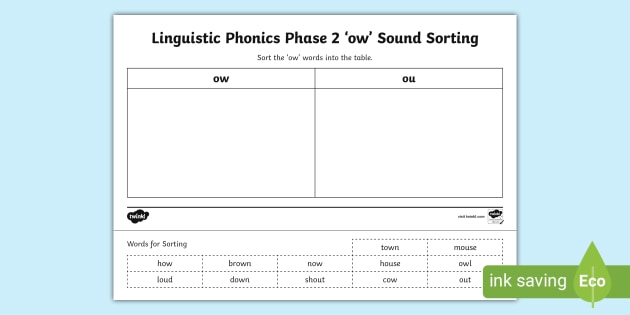 Linguistic Phonics Phase 2 ‘ow’ Sound Sorting Activity Sheet