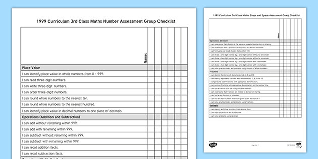 1999 Curriculum 3rd Class Maths Number Assessment Group Checklist