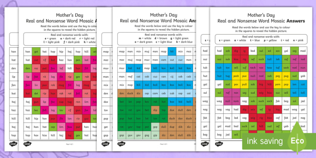 Mother's Day Phase 2 Phonics Mosaic Worksheets