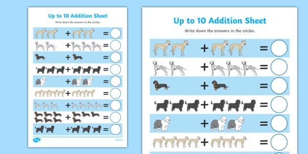 Dog Themed Up to 10 Addition Sheet