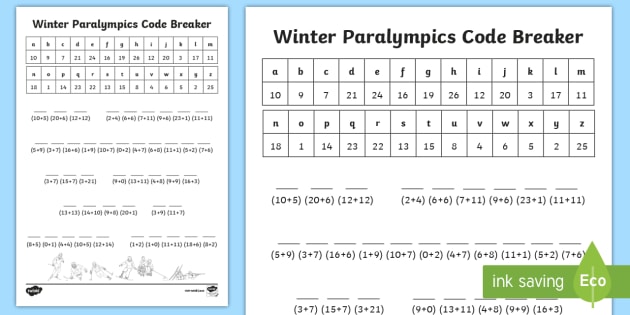 KS1 Winter Paralympic Games Code Breaker Worksheet