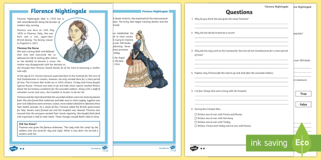 Florence Nightingale Differentiated Reading Comprehension Activity