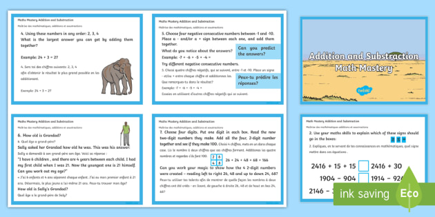 Maths Mastery Addition and Subtraction Challenge Cards - English/French