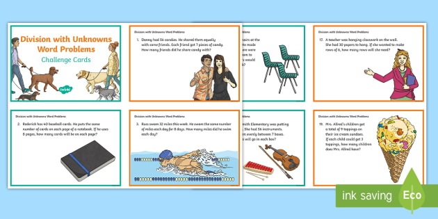 Division With Unknowns Word Problems Challenge Cards - Math