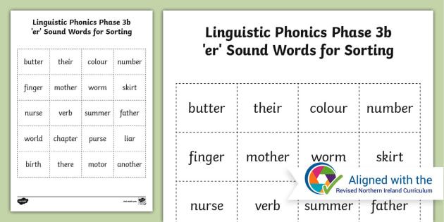 Northern Ireland Linguistic Phonics Phase 3b 'er' Sound Words for Sorting