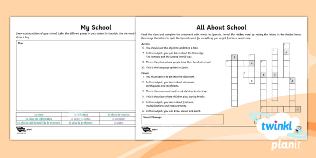PlanIt Year 3 Spanish Homework: Crossword and School Map.