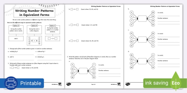 Writing Number Patterns In Equivalent Form Activity Sheet