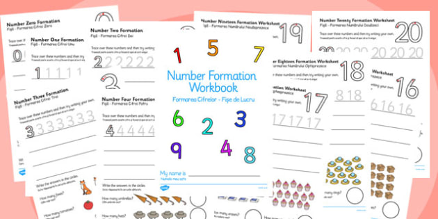 Number Formation Workbook 0-20 Romanian Translation