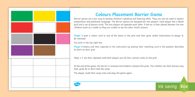 Colours Placement Barrier Game (teacher made)