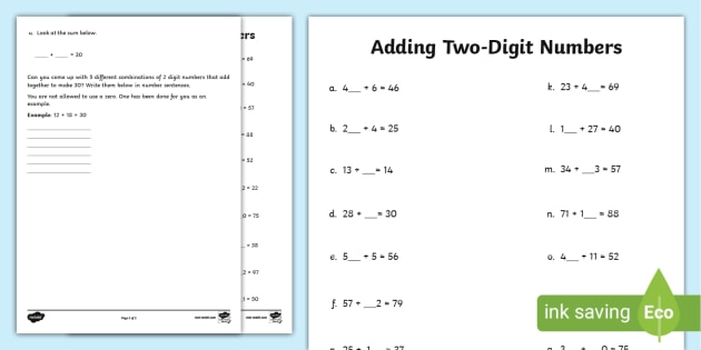👉 Missing Digits in a Two-Digit Number Addition Activity Sheet