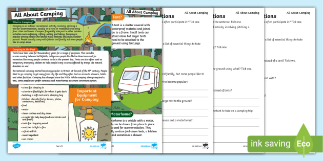 Camping for Beginners - Reading Comprehension Pack for Kids