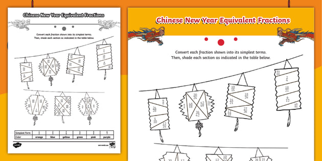 Chinese New Year Equivalent Fractions Coloring Activity