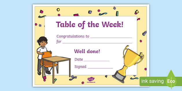 Table of the Week Certificate KS1 (teacher made)