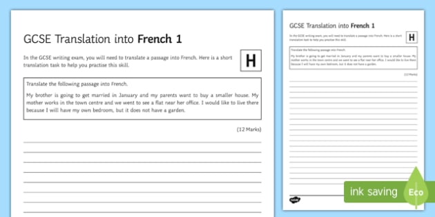 GCSE Translation into French 1 Higher Tier Worksheet / Worksheet