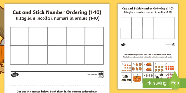 Autumn Themed Cut and Stick Number Ordering Sheets 1-10 English/Italian