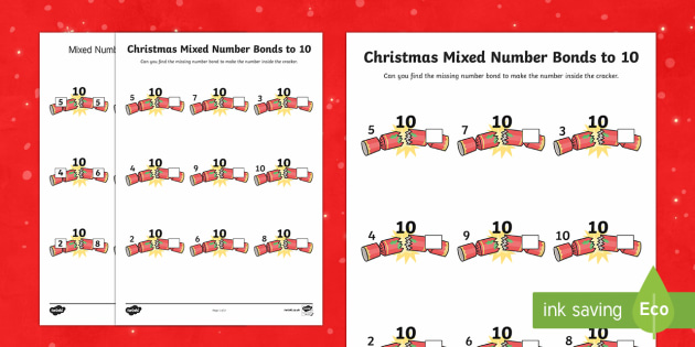 Christmas Themed Mixed Number Bonds to 10 Worksheet / Worksheet