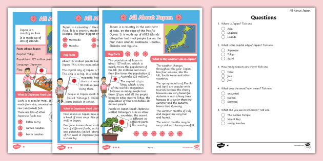 KS1 All About Japan Differentiated Reading Comprehension Activity