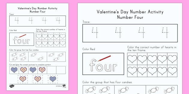 Valentine's Day Number Four Worksheet / Activity Sheet - Valentine's ...