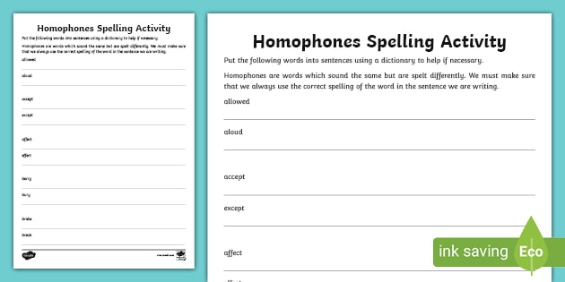 Homophones Spelling Activity (teacher made)