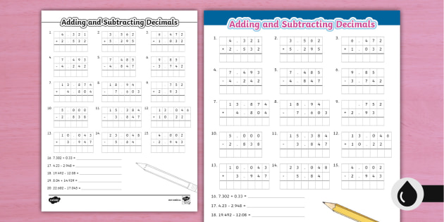 Worksheet On Adding And Subtracting Decimals FREE} Adding Decimals