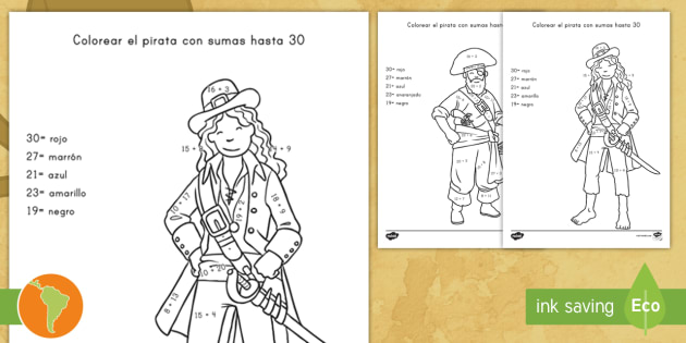 Ficha de actividad: Colorear el pirata sumas hasta 30