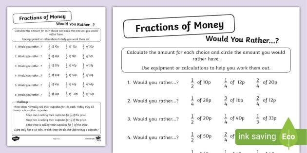 👉 KS1 Fractions of Money Activity Sheet (teacher made)