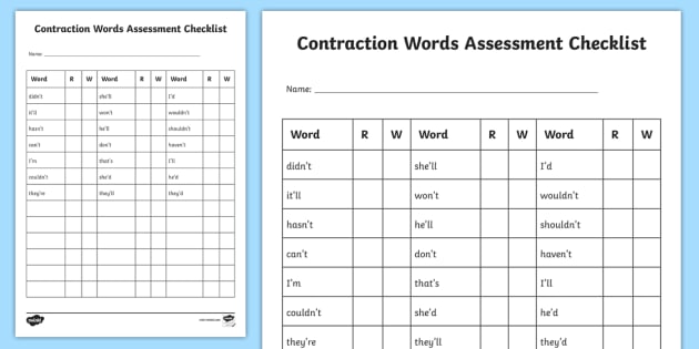 Contraction Words Assessment Checklist (teacher made)
