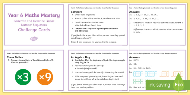 Year 6 Algebra: Generate and Describe Maths Mastery Challenge Cards