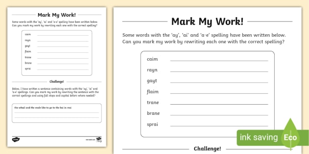 Mark My Work! 'ay', 'ai' or 'a-e' Spelling (teacher made)