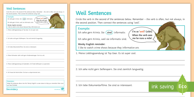 Conjunction Practice Using 'Weil' Worksheet / Worksheet German