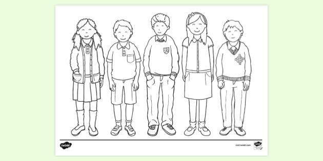 School Children in Line Colouring | Colouring Sheets