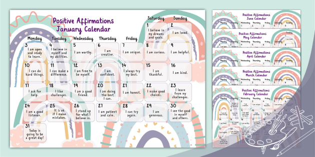 Positive Affirmations Monthly Calendar Muted Rainbow Pack