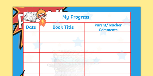 Superheroes Themed Reading Record Teacher Parent Comments Sheet