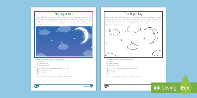 * NEW * First Grade The Night Sky Reading Passage Comprehension