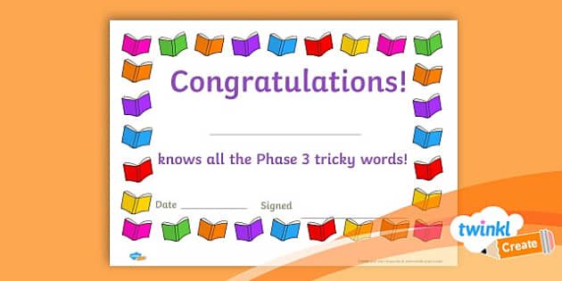 Phase 3 tricky word certificate - Twinkl