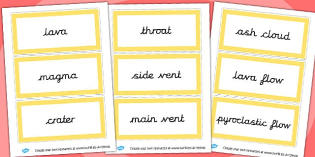 Yellow Volcano Vocabulary Word Cards (teacher made) - Twinkl
