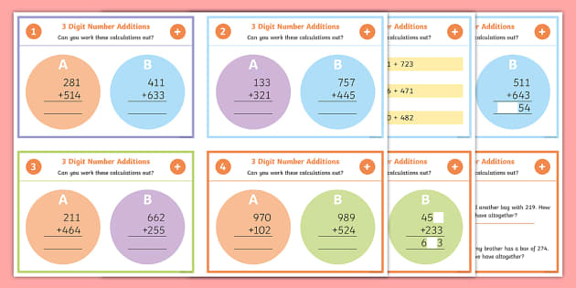 3 Digit Number Addition Maths Challenge Cards - Twinkl