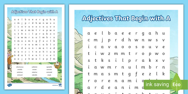 Adjectives That Begin with A Word Search (teacher made)