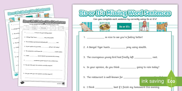 Its or It's Missing Word Sentences Worksheet (teacher made)