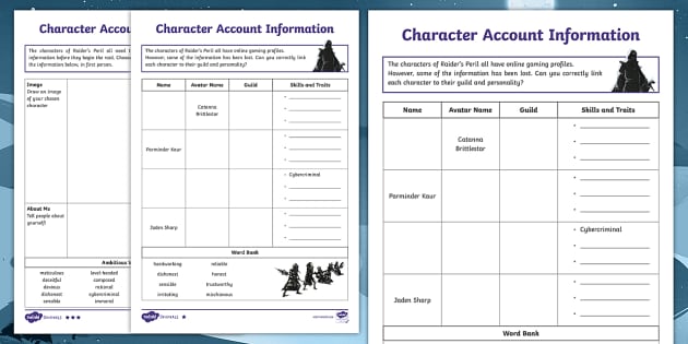 KS2 Fantasy Gaming Adventure Story 'Raider's Peril Character Profile