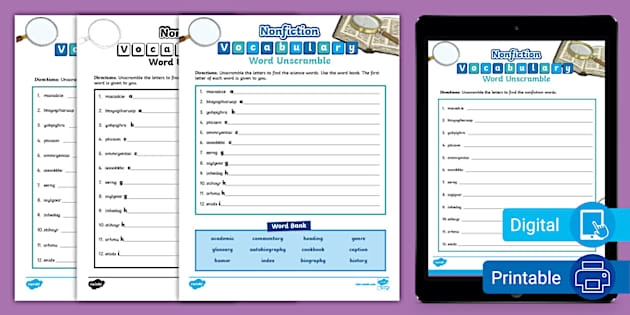 Tier 3 Vocabulary Differentiated Word Unscramble: Nonfiction