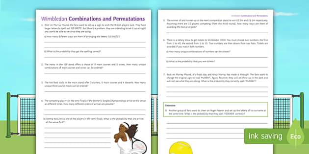 Maths Wimbledon: Combinations and Permutations Worksheet