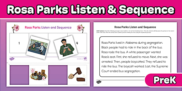 Prekindergarten Rosa Parks Listen and Sequence Worksheet