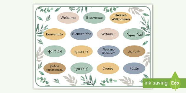 Botanical-Themed Mixed-Languages Welcome Door Sign - Twinkl