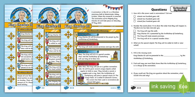KS1 The Coronation of King Charles III Reading Activity