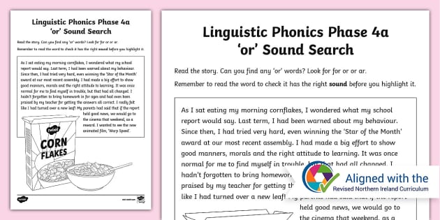 Linguistic Phonics Phase 4a 'or' Sound Search Activity Sheet