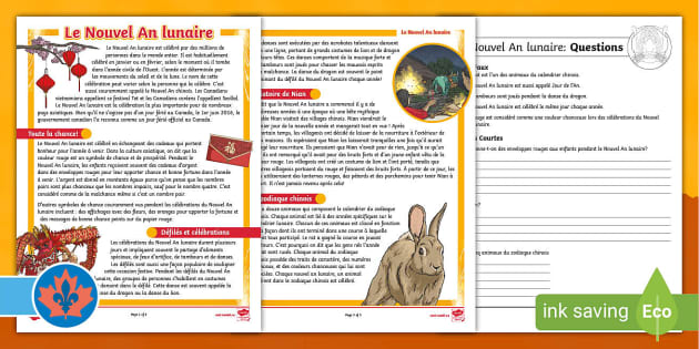 Lunar New Year Reading Comprehension French (teacher made)