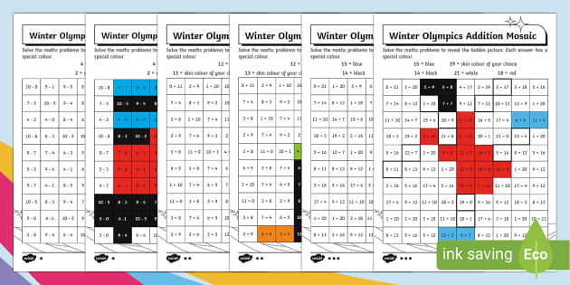 Winter Olympics Addition and Subtraction Mosaic Worksheet / Worksheets