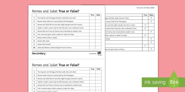 GCSE Romeo and Juliet Simplified/SEN True or False Worksheet / Worksheet