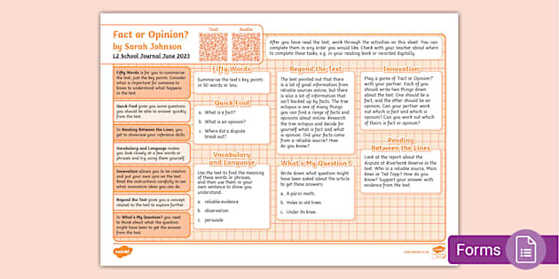 Level 2 June 2023 School Journal: Fact or Opinion? Article Follow-Up